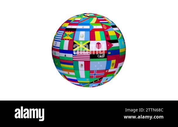 Looping and rotating globe with all world countries flags with white ...