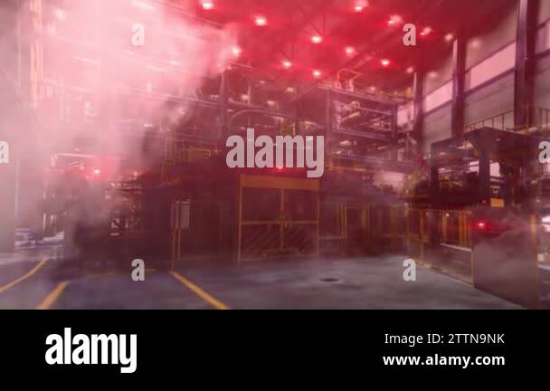 Abstract industrial factory shop with red lights turned on and the ...