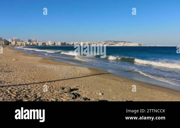 Malabata beach in Tangier, Morocco with city and port in background ...