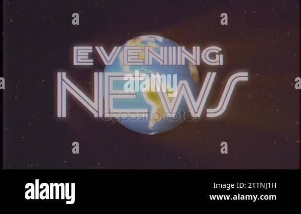 shiny retro EVENING NEWS text with earth globe light rays moving old ...