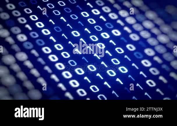 Technology blue background with binary code moves from left to right on digital screen. Seamless ...