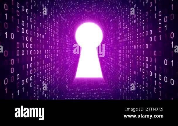 White keyhole icon form white binary tunnel on violet background. Computer security concept ...