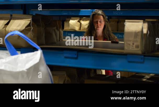Front view of caucasian female worker checking packed goods in ...