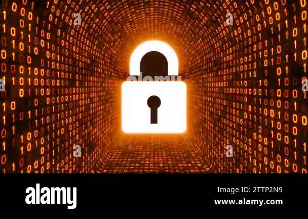 White lock icon form gold binary tunnel on black background. Computer security concept. Seamless ...