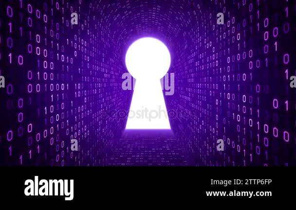 White keyhole icon form purple binary tunnel on purple background ...