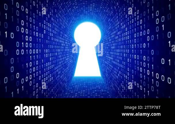 White keyhole icon form white binary tunnel on blue background. Computer security concept ...