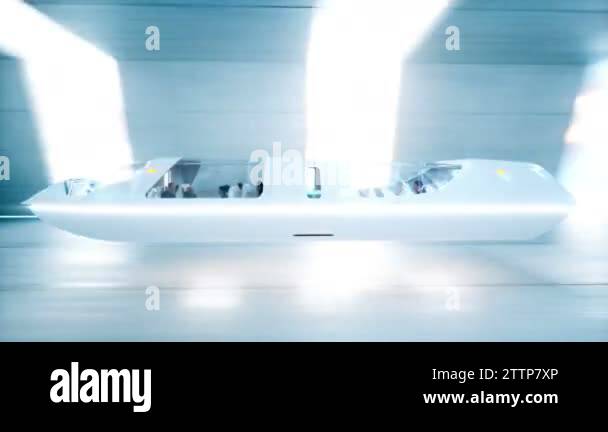 futuristic flying bus with peoples fast driving in sci fi tunnel ...