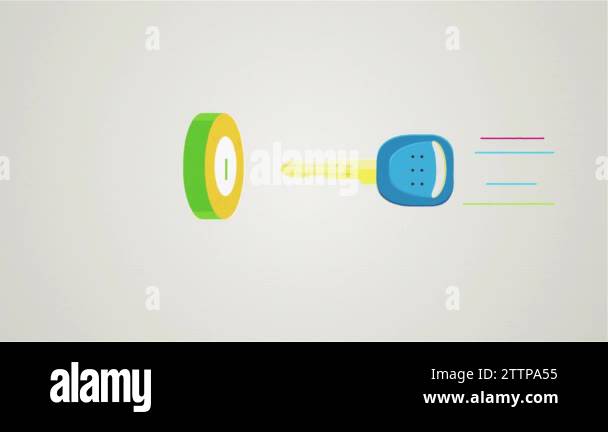 Cartoon animation with a key being inserted and turned in the lock ...