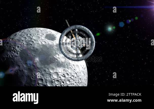 Moon on the background. Flight through the gates of the sci-fi space ...