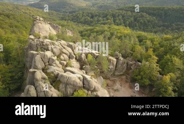 Aerial view to Dovbush Rocks in Bubnyshche - a legendary place, the ...