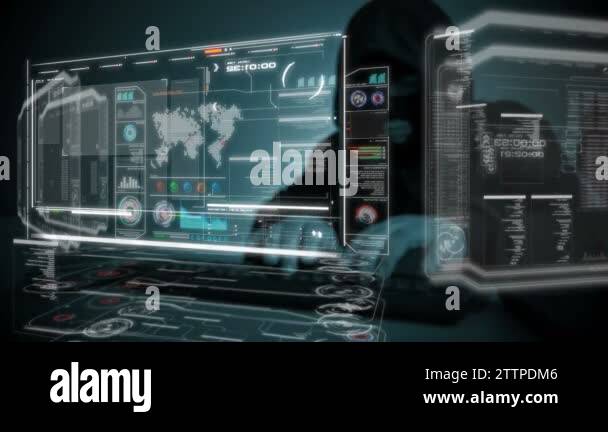 4K Hacker typing keyboard with HUD user interface code dark and grain ...