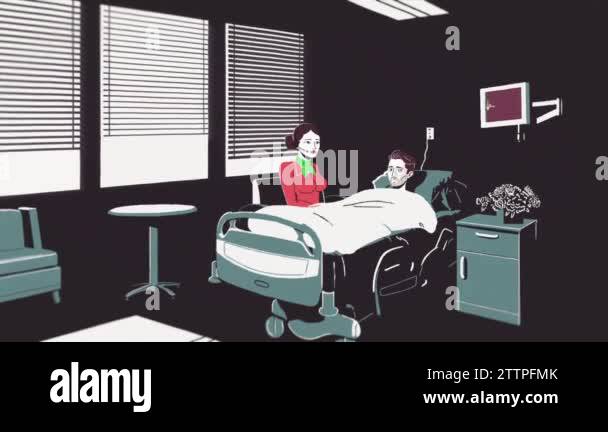 Animated cartoon with a dying man lying on a bed in the hospital and a ...