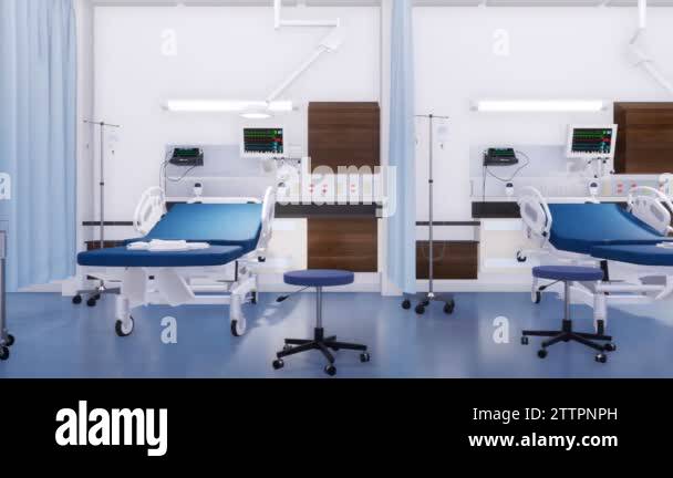 Row of empty hospital beds and various first aid medical equipment in ...