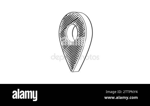Isolated hand drawn location pin rotating on the white background ...