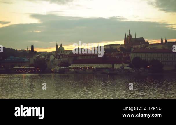 Night panorama of Prague city, Czech Republic with Castle and Vltava river as famous tourist ...