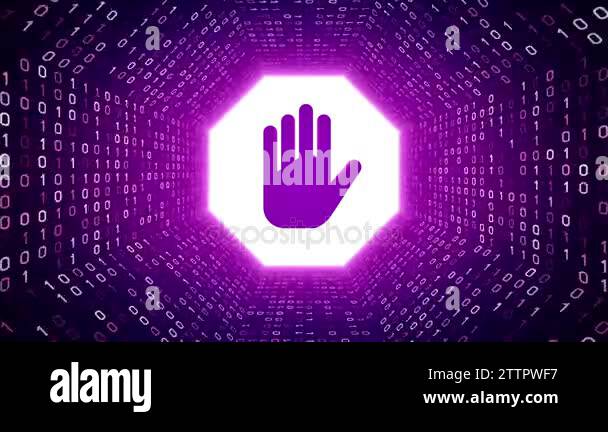 Violet stop sign hand form white binary tunnel on violet background. Seamless loop. More icons ...