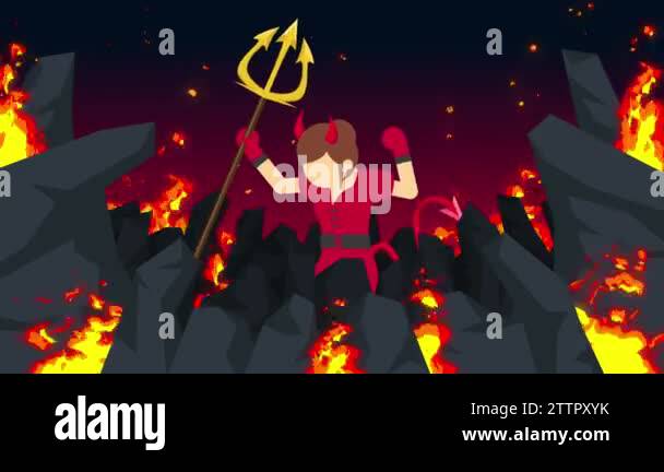 Cartoon devil flying on hell. Business character on burning wilderness ...