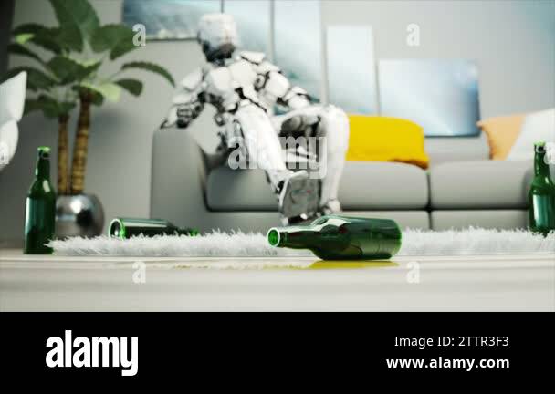 Robot sit on sofa. Relax. Concept of future. Realistic 4K animation ...