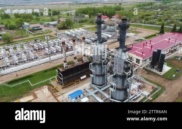 wonderful aerial view large metal gas cisterns at refinery plant ...