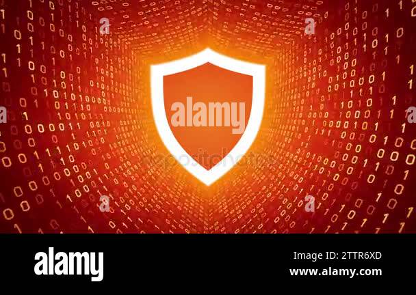 White shield icon form yellow binary tunnel on orange background. Computer security concept ...