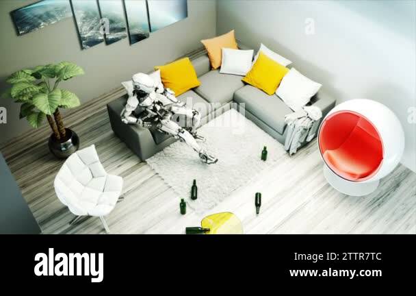 Robot sit on sofa. Relax. Concept of future. Realistic 4K animation ...