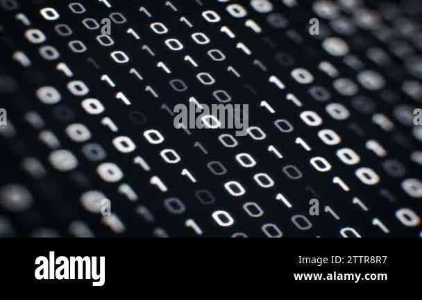 Technology black background with binary code moves downwards on digital screen. Seamless loop ...