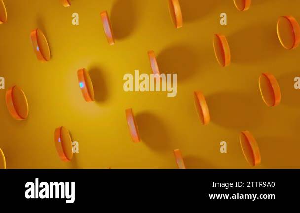 3D computer rendering of crystal glass round objects rotating on yellow ...