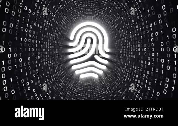 White fingerprint icon form white binary tunnel on black background. Digital security concept ...