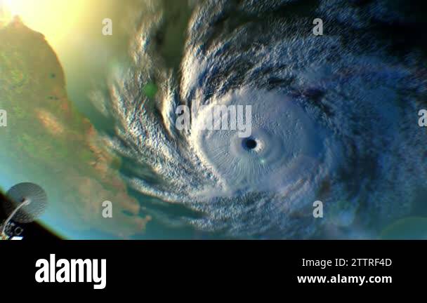 Hurricane on background, fictional weather satellite flies past, 3d ...
