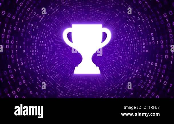 White trophy cup icon form purple binary tunnel on purple background ...