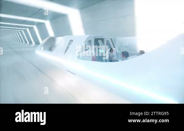 futuristic flying bus with peoples fast driving in sci fi tunnel ...