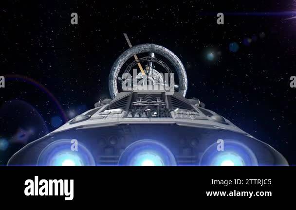 Spacecraft with pulsate engines flying into a space station door on ...