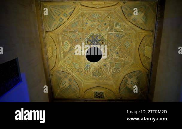 The dome of entrance portal of Jameh mosque - the old metal lamp is ...