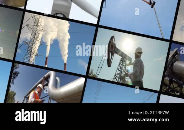 The energy industry. Montage split screen. Extraction of oil ...