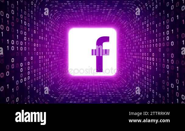 Editorial Animation: White Facebook logo form white binary tunnel on violet background. Seamless ...