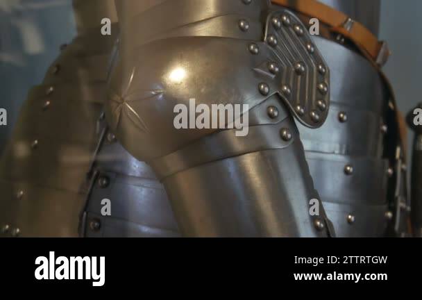 Medieval iron armor of a knight in a museum showcase close up view ...