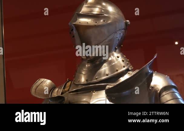 Medieval iron armor of a knight in a museum showcase close up view ...