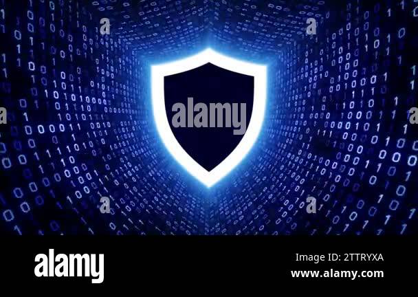 White shield icon form blue binary tunnel on black background. Computer security concept ...