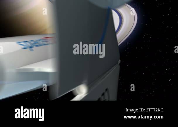Saturn on the background. Fictional spaceplane flies past Planet ...