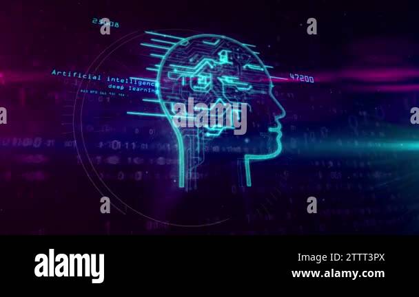 Artificial intelligence head shape hologram on digital background. Deep ...