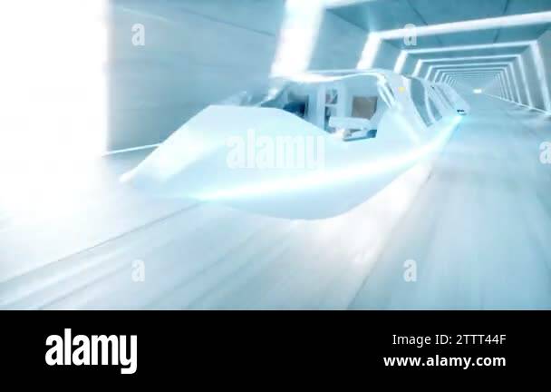 futuristic flying bus with peoples fast driving in sci fi tunnel ...