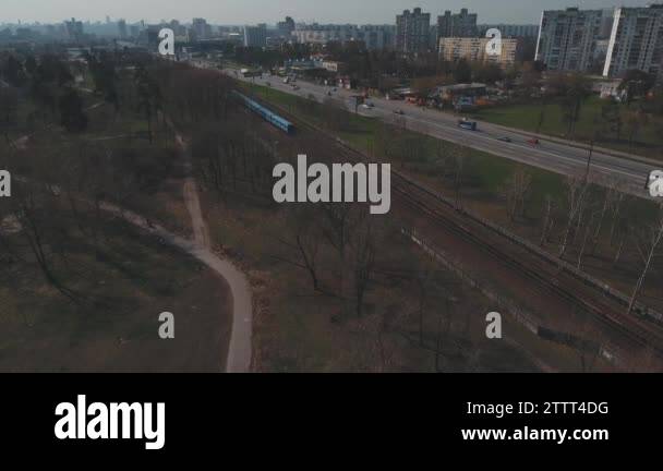 Subway train, aerial. Subway cars arrive on the platform. The subway ...