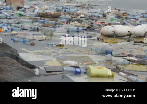 Environmental pollution. Plastic bottles, bags, trash in river, lake ...