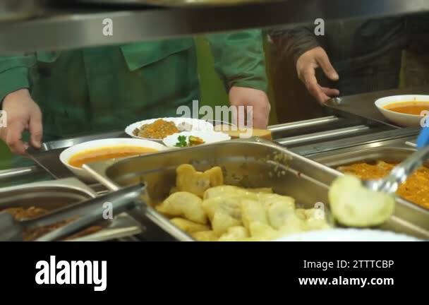 close-up, showcase with dishes in modern Self service canteen ...
