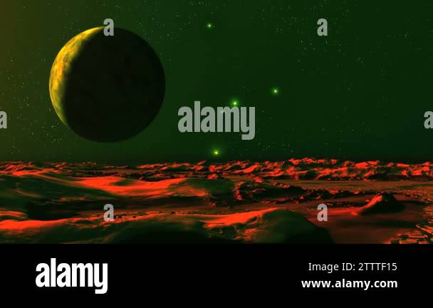Dawn and UFO on Alien Planet. On the dark starry sky, glowing objects ...