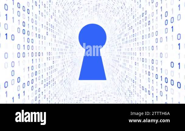 Blue keyhole icon form blue binary tunnel on white background. Computer security concept ...