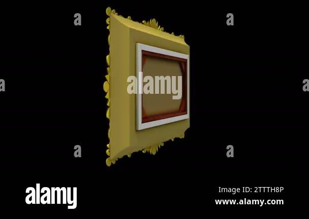 Gold picture frame rotates around on black background, seamless loop ...