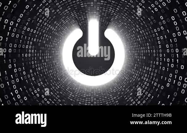 White on off button symbol form white binary tunnel on black background. Seamless loop. More ...