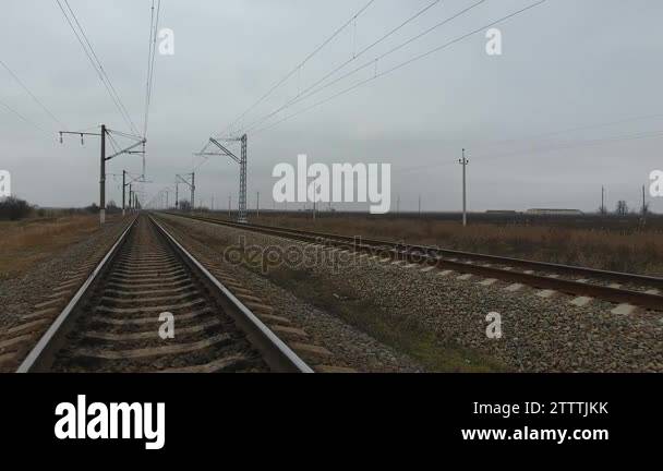 Railway. The span over the railway tracks. Rails and railway sleepers ...