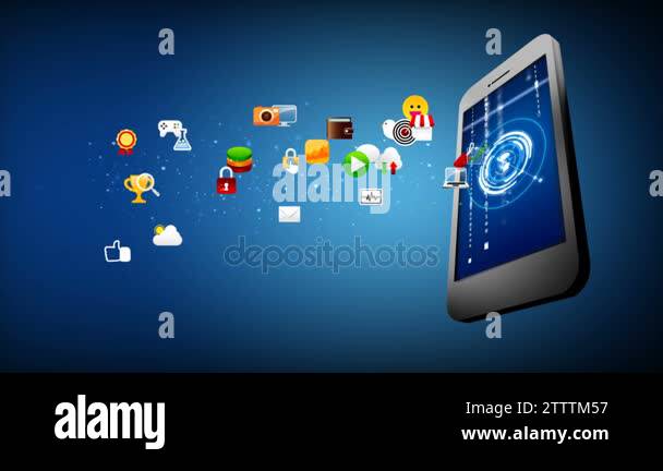 4K animation smartphone with application icons flow over dark ...